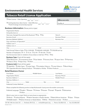 Fillable Online Tobacco Retail License Application. tobacco sales ...
