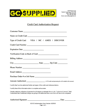Fillable Online Credit Card Authorization Request - GC Supplied Fax ...