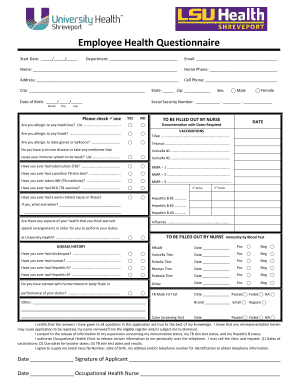 Fillable Online Employee Health Questionnaire - University Health Fax ...