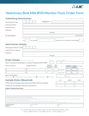 Fillable Online Veterinary Bulk Milk BVD Monitor Pack Order Form - LIC ...