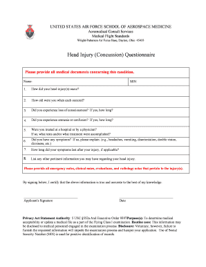 Fillable Online Head Injury (Concussion) Questionnaire - Wright ...