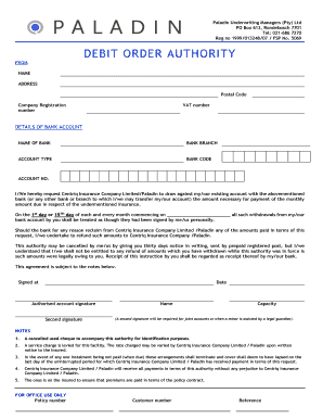 Fillable Online debit order authority - Paladin Underwriting Managers Fax Email Print - pdfFiller