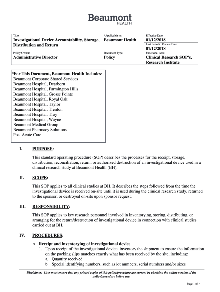 Fillable Online Investigational Device Accountability, Storage ...