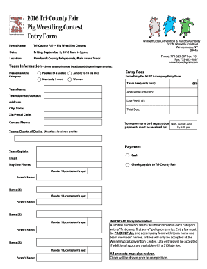 Fillable Online 2016 Tri-County Fair Pig Wrestling Contest Entry Form ...