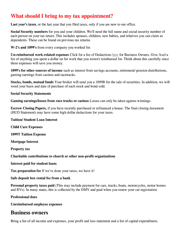 Fillable Online What should I bring to my tax appointment - Gilbert Tax ...