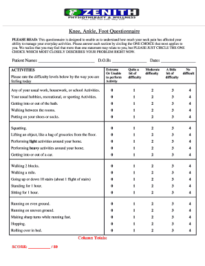 Fillable Online Knee, Ankle, Foot Questionnaire - zenithphysio.com Fax ...