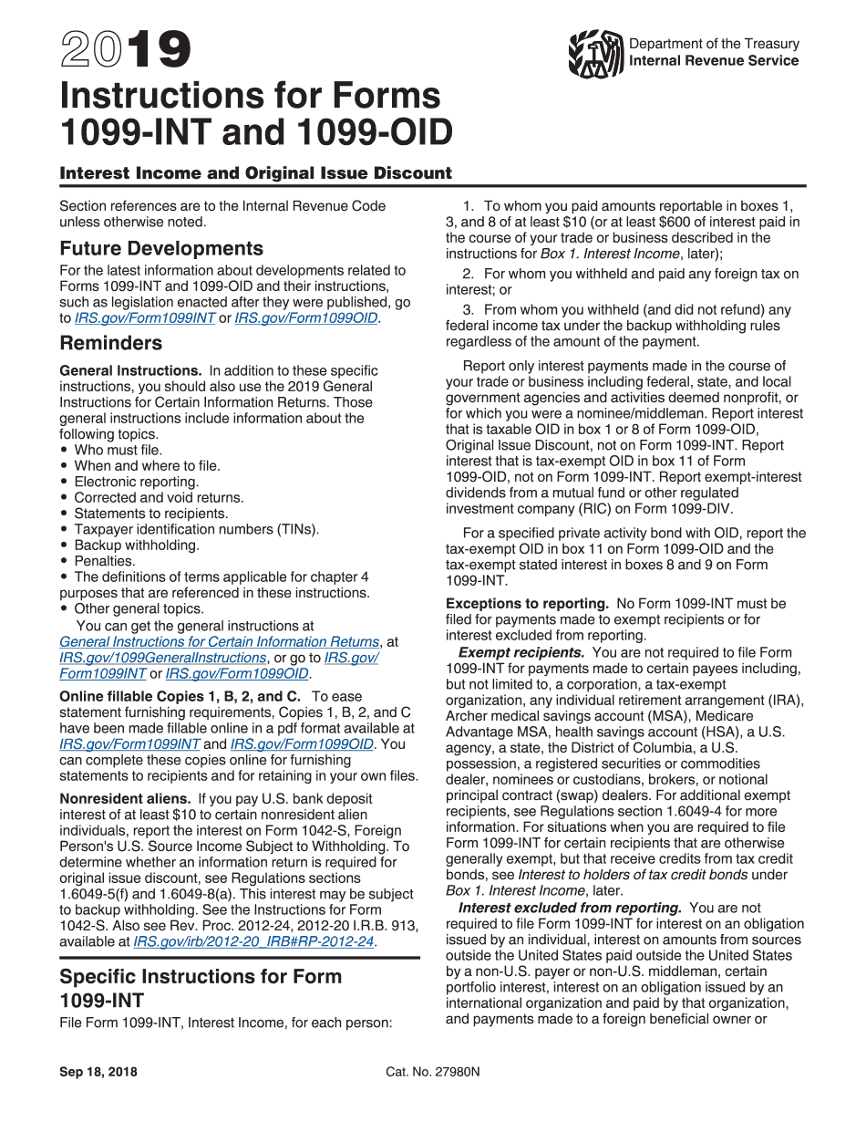 Electronic IRS Form Instruction 1099-INT & 1099-OID 2019 - 2020 ...