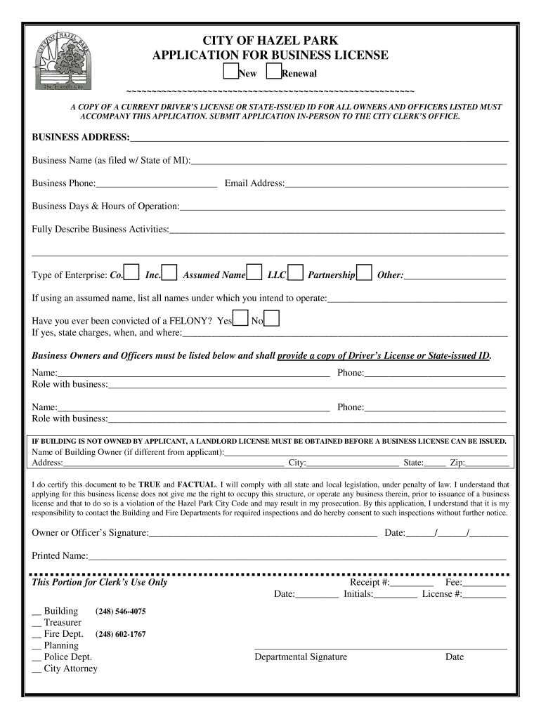 Fillable Online Business License Application - City of Hazel Park Fax ...