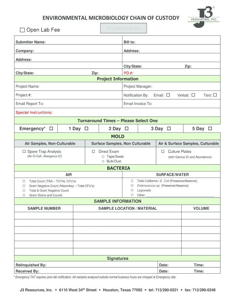 Fillable Online ENVIRONMENTAL MICROBIOLOGY CHAIN OF CUSTODY Fax Email ...
