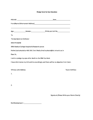 Fillable Online Pledge form for Eye Donation PDD NO. From(Name &Perma ...
