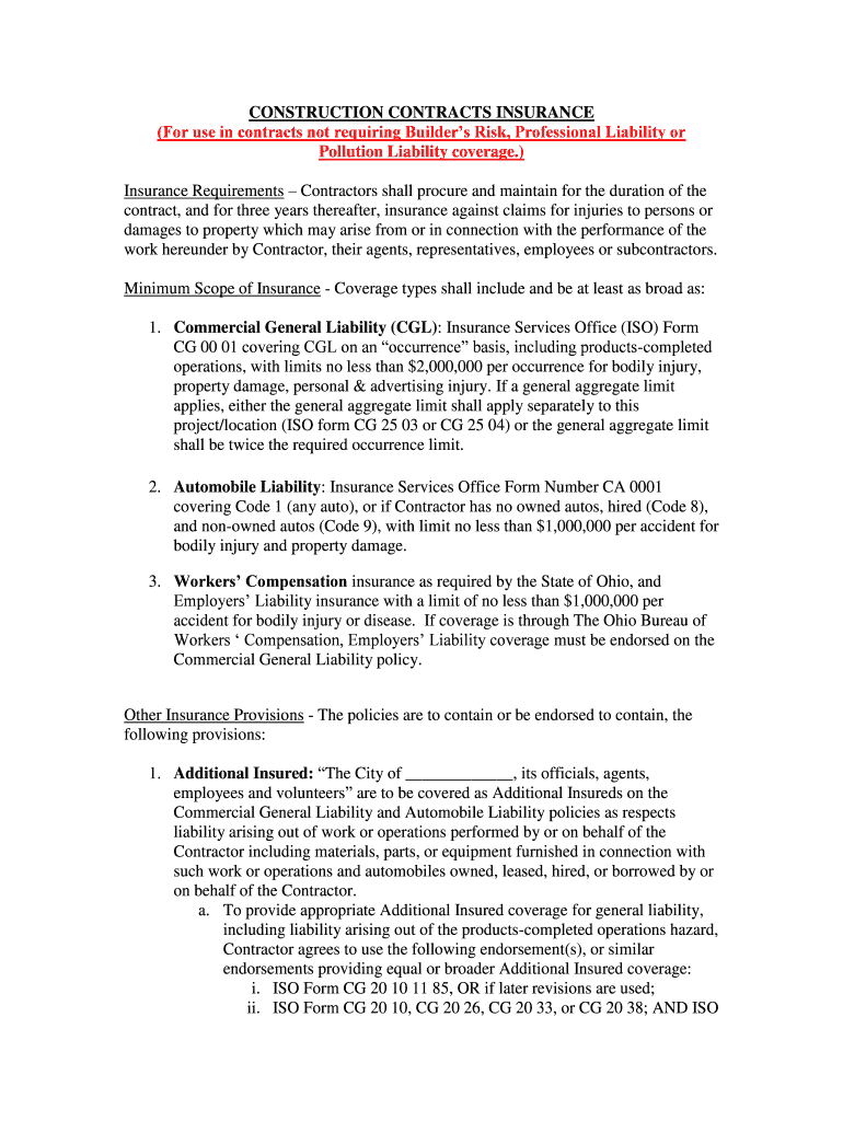 Fillable Online INSURANCE REQUIREMENTS (A) Contractors Agreement Design ...