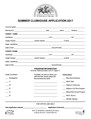 Fillable Online SUMMER CLUBHOUSE APPLICATION 2017 Fax Email Print ...