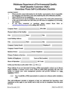 Fillable Online Hazardous Waste Self-Certification Checklist Fax Email ...