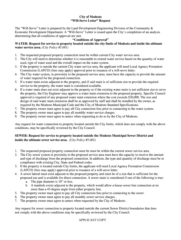 Fillable Online City of Modesto Will-Serve Letter Request The Will ...