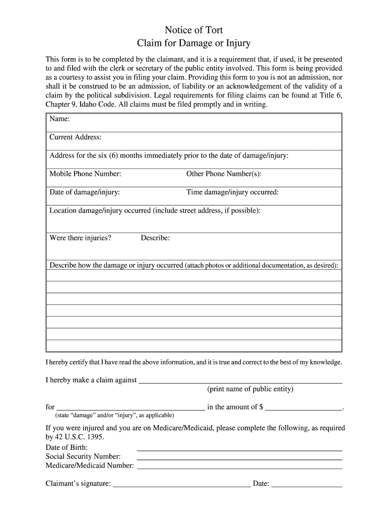 Fillable Online Notice of Tort Claim for Damage or Injury Fax Email ...
