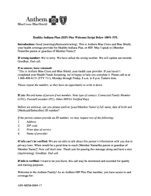 Fillable Online Healthy Indiana Plan (HIP) Plus Welcome Script Below ...