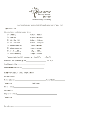 Fillable Online Preschool/Kindergarten WAITING LIST Application Form ...