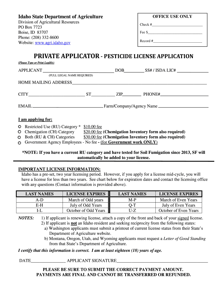Fillable Online Professional Pesticide Applicator License Application - Idaho State ... Fax ...