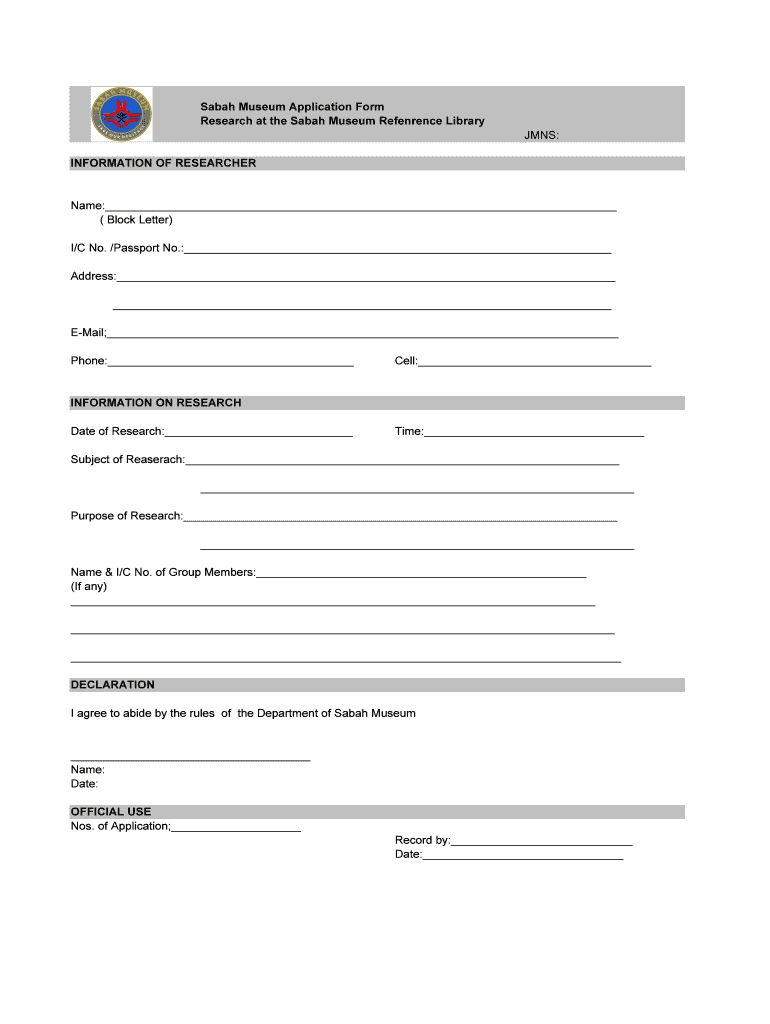 Fillable Online Sabah Museum Application Form Research at the Sabah ...