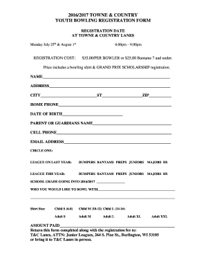 Fillable Online 2016/2017 TOWNE & COUNTRY YOUTH BOWLING REGISTRATION ...
