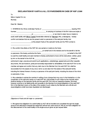 Fillable Online DECLARATION BY KARTA & ALL CO PARCENERS IN CASE OF HUF ...