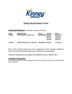 Fillable Online Safety Recall Notice Form - Kinney Drugs Fax Email ...