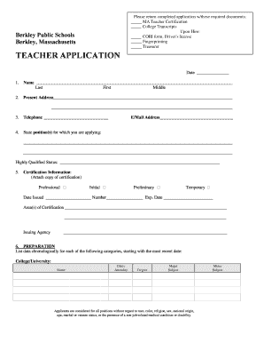 Fillable Online Teacher application - berkleypublicschools.org Fax ...