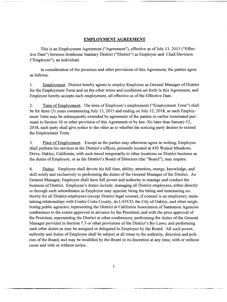 Fillable Online Chad Davisson Employment Agreement - Ironhouse Sanitary ...