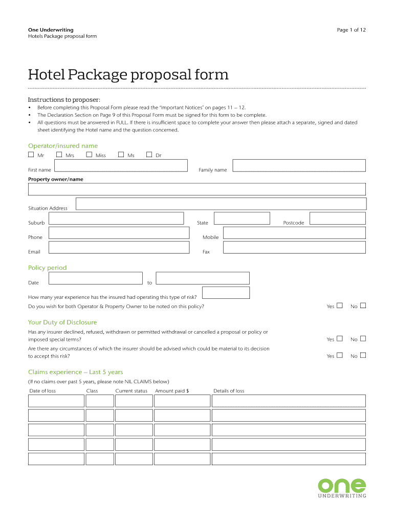 Fillable Online Hotel Package proposal form - oneunderwriting.com.au ...