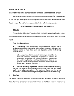 Fillable Online STATE'S MOTION FOR DEPOSITION OF WITNESS AND PROPOSED ...