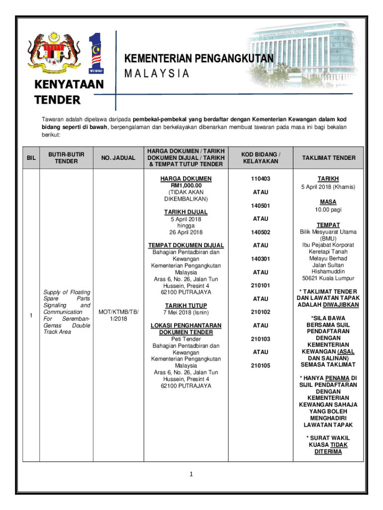 Fillable Online kenyataan tender kementerian pengangkutan malaysia Fax Email Print - pdfFiller