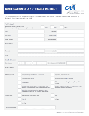 Fillable Online notification of a notifiable incident - CAA - Health and Safety Fax Email Print ...