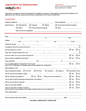 Fillable Online Application for Employment Unified Smiles Fax Email ...