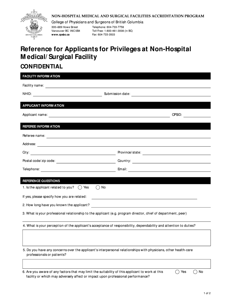 Fillable Online Reference for Applicants for Privileges at Non-Hospital ...