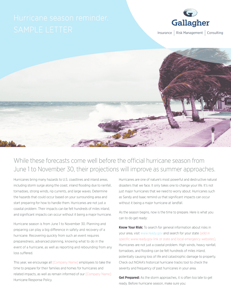 Fillable Online Hurricane season reminder. SAMPLE LETTER - Gallagher ...