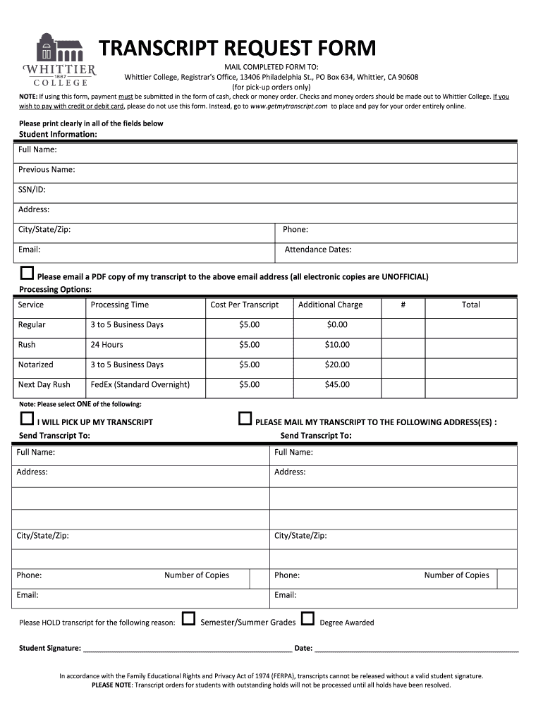 Whittier College Transcripts - Fill Online, Printable, Fillable, Blank | pdfFiller