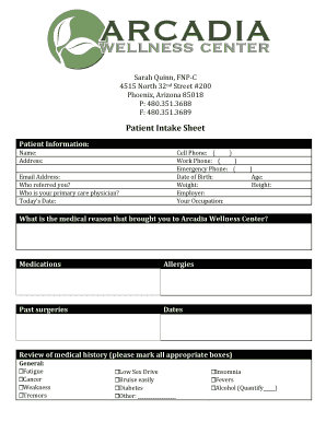 Fillable Online Patient Intake Sheet - Arcadia Wellness Center Fax Email Print - pdfFiller