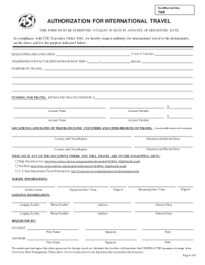 Fillable Online Authorization for International Travel Form ...