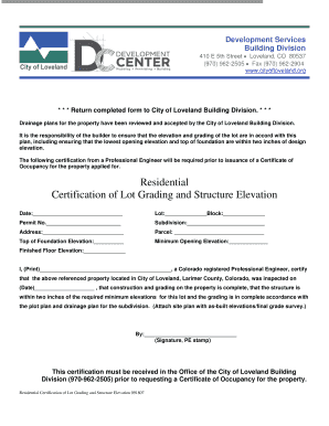 Fillable Online Certification of Lot Grading and Structure Elevation ...