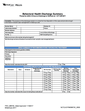 Fillable Online PRO NA CAID/CARE Behavioral Health Discharge Summary ...