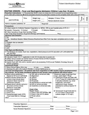 Fillable Online ROUTINE ORDERS Fever and Neutropenia Admission Children ...