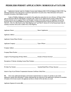 Fillable Online PEDDLERS PERMIT APPLICATION / BOROUGH of TAYLOR Fax ...