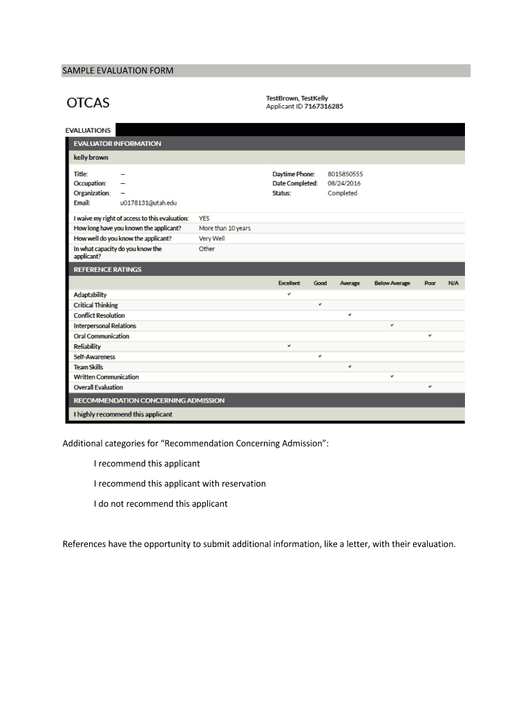 Fillable Online health utah SAMPLE EVALUATION FORM Additional ...