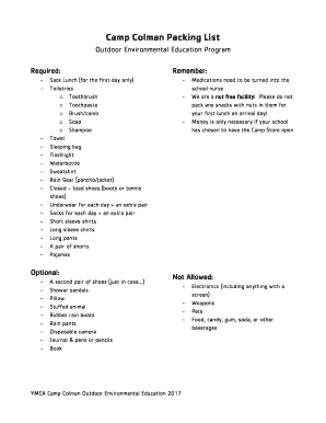 Fillable Online Camp Colman Packing List - YMCA of Greater Seattle Fax ...