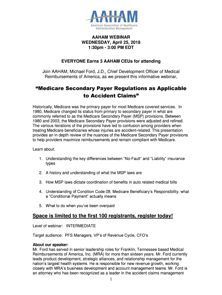 Fillable Online Medicare Secondary Payer Regulations as Applicable to Accident ... Fax Email ...