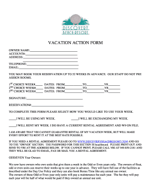 Fillable Online VACATION ACTION FORM - Discovery Beach Resort Fax Email ...