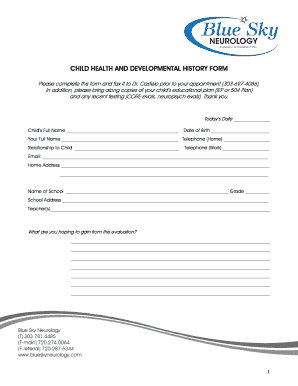 Fillable Online CHILD HEALTH AND DEVELOPMENTAL HISTORY FORM Fax Email ...