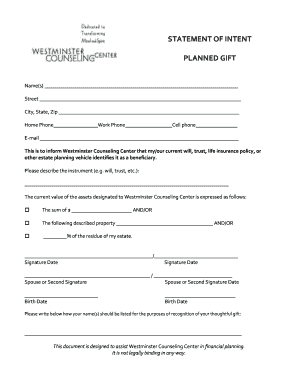 Fillable Online statement of intent planned gift - Westminster ...