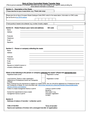 Fillable Online Duty of Care Controlled Waste Transfer Note Address of ...