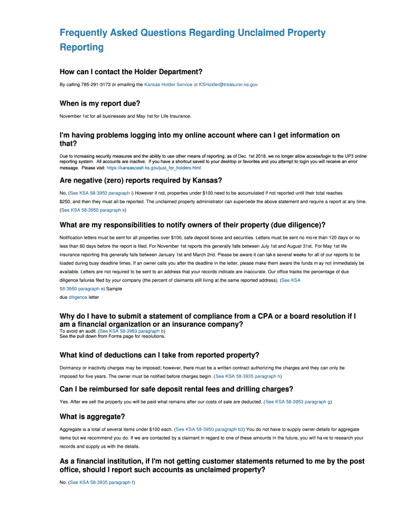 Fillable Online Kansas State Treasurer - Unclaimed Property Frequently ...